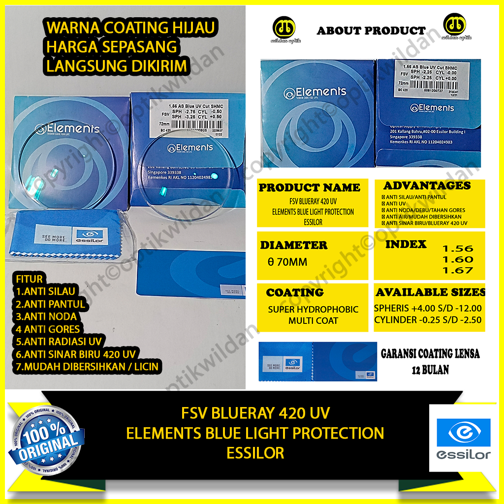 Jual ELEMENTS ESSILOR LENSA BLUERAY FSV 1.56/1.6/1.67 420 UV BLUE LIGHT ...