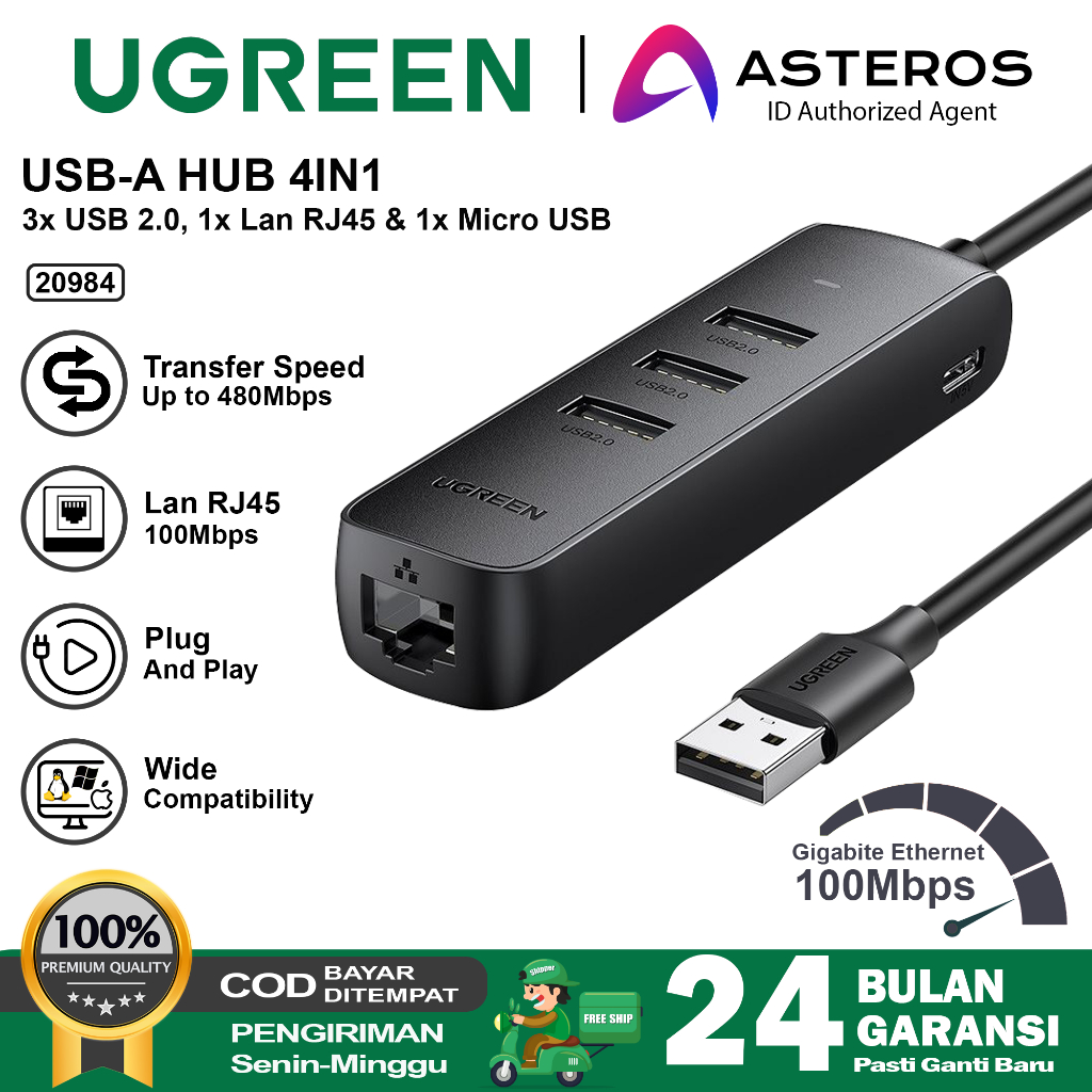 Jual UGREEN Hub USB 3.0 4 Port With Lan RJ45 Gigabit Ethernet Adapter ...