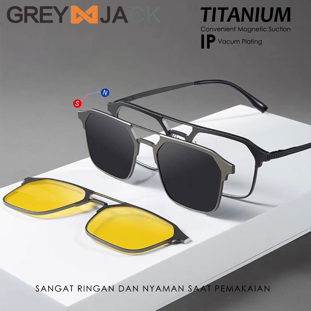 Jual Grey Jack Kacamata Clip On Polarized Anti UV Night Vision Titanium Model Kotak Aviator Free ...