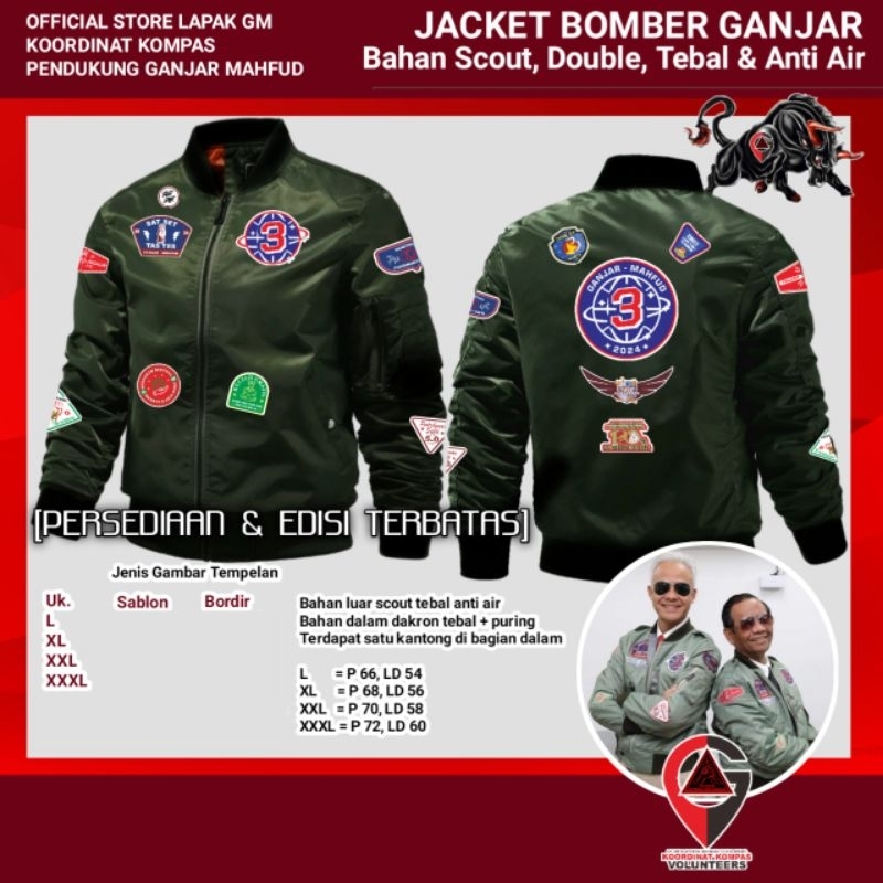 Jual Jacket Bomber Ganjar Sablon & Bordir (BONUS KALENDER 2024 GANJAR ...