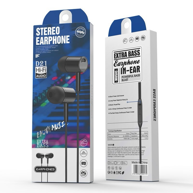 Jual EARPHONE HANDSFREE HEADSET D21 EXTRABASS WITH MIC MURAH | Shopee Indonesia