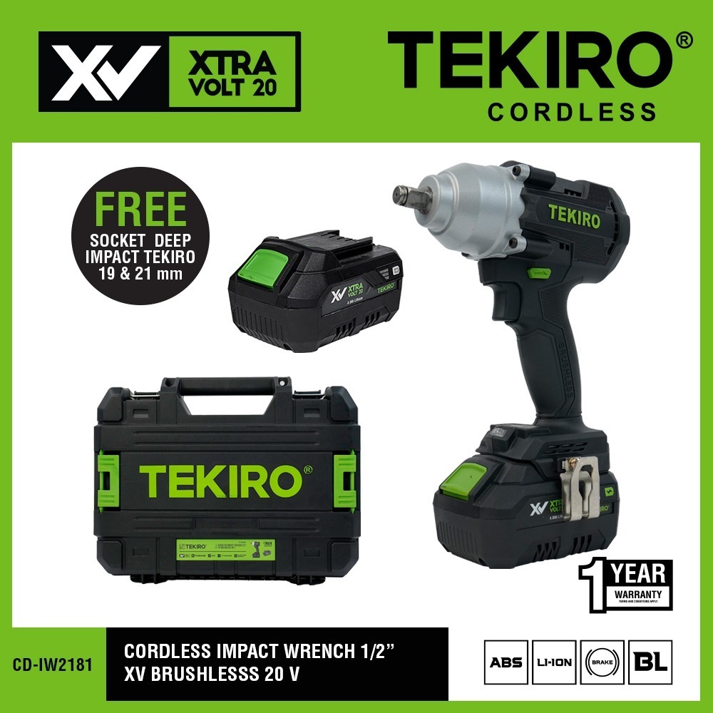 Jual TEKIRO CORDLESS IMPACT WRENCH 1/2" XV BRUSHLESS 20 V | Shopee ...