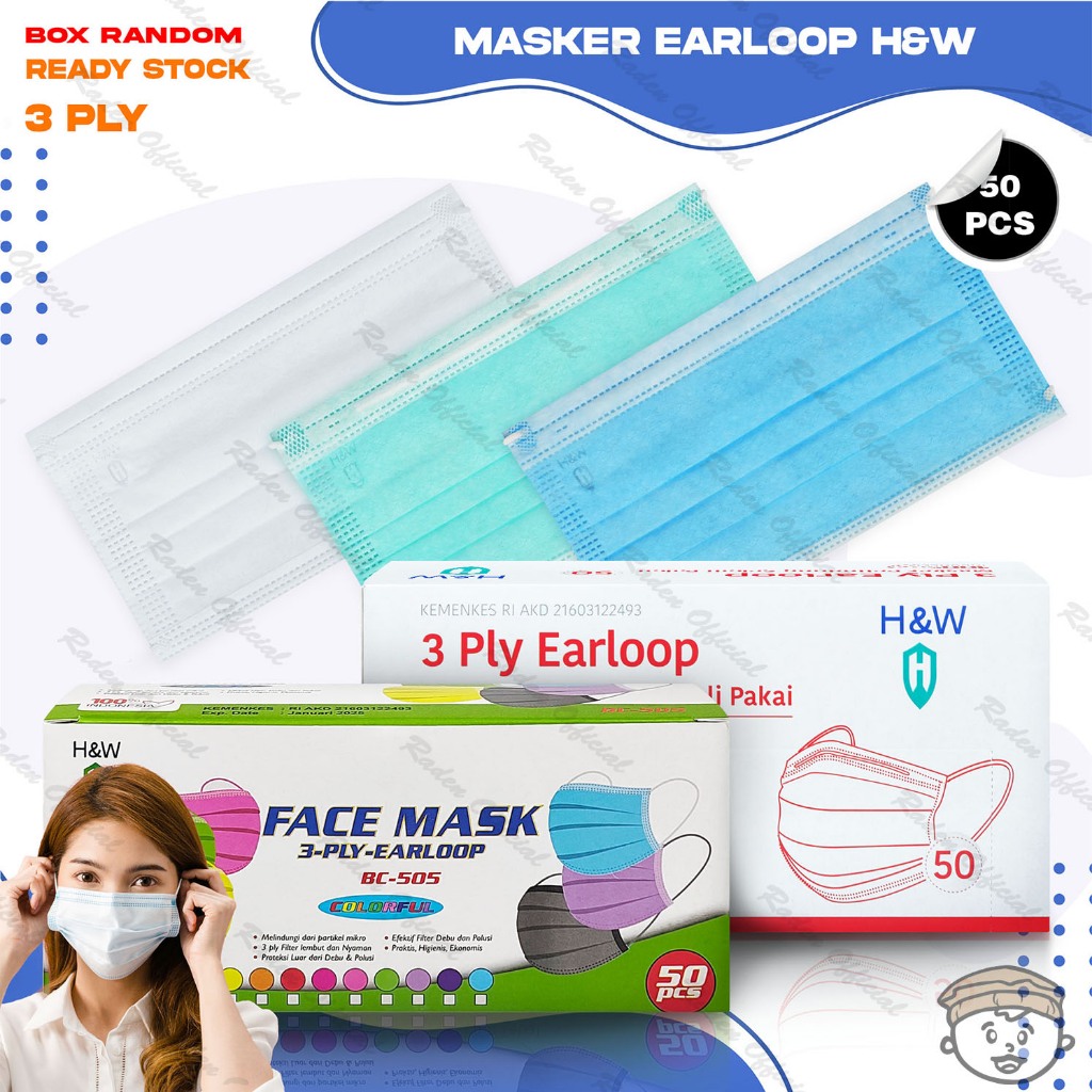 Jual Masker Medis 3Ply H&W isi 50Pcs Warna Biru Hitam Hijau Abu Putih 3 ...