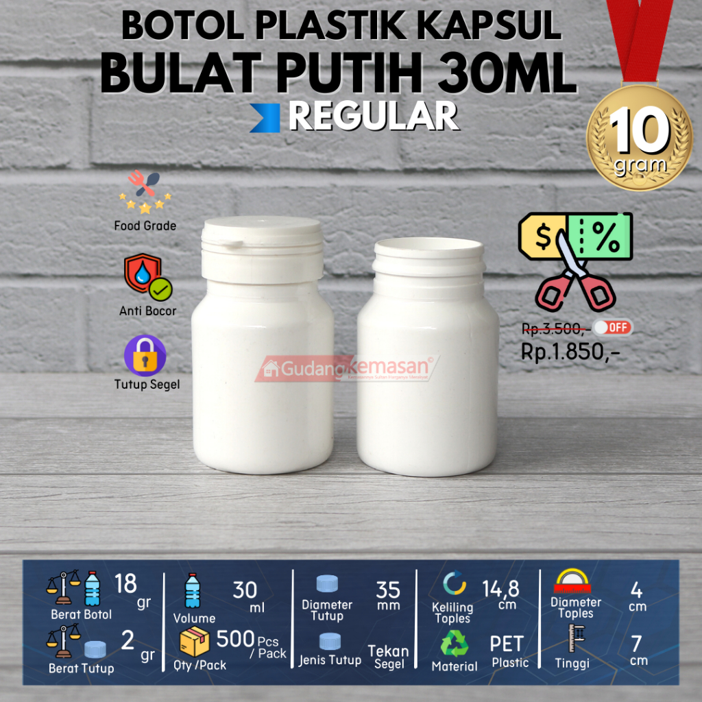 Jual BOTOL PLASTIK 30 KAPSUL PET TABLET BULAT PUTIH SUSU - FLASH ...