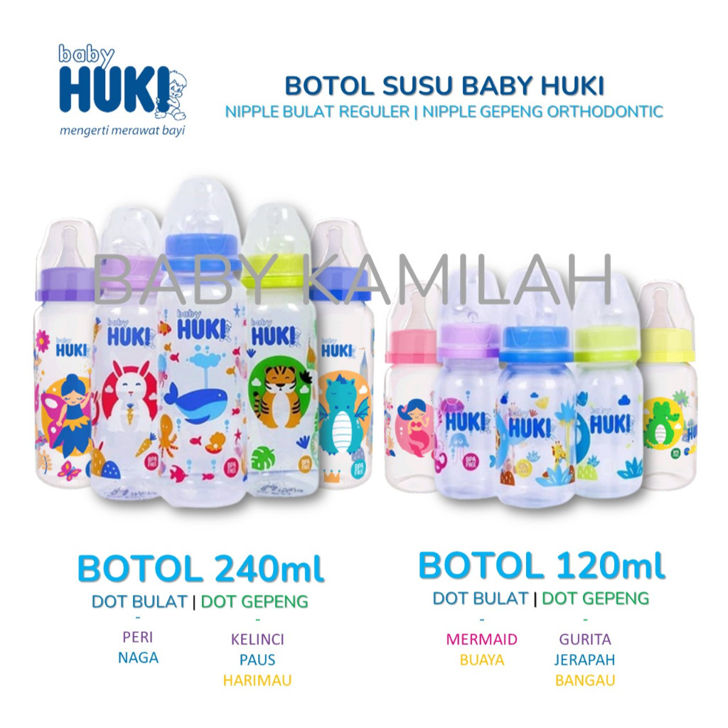 Jual HUKI Botol Susu Dot GEPENG dan BULAT ukuran 60ml 120ml 240ml Botol ...