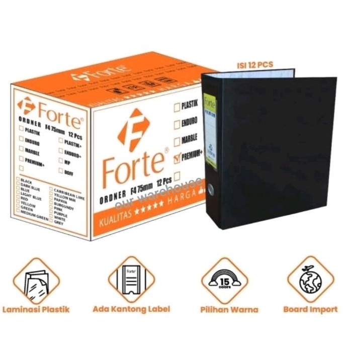 Jual 1 KARTON ORDNER FORTE Premium Plus Full Glossy 75mm Folio F4 Hitam ...