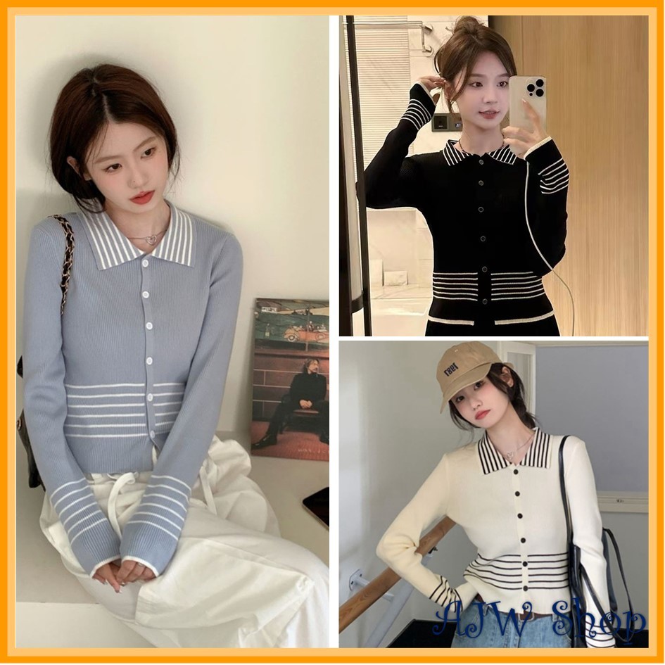 Jual AJW Atasan Wanita Kerah Bergaris Knit Import Premium XCZ | Cardigan Korean Style Stripe ...