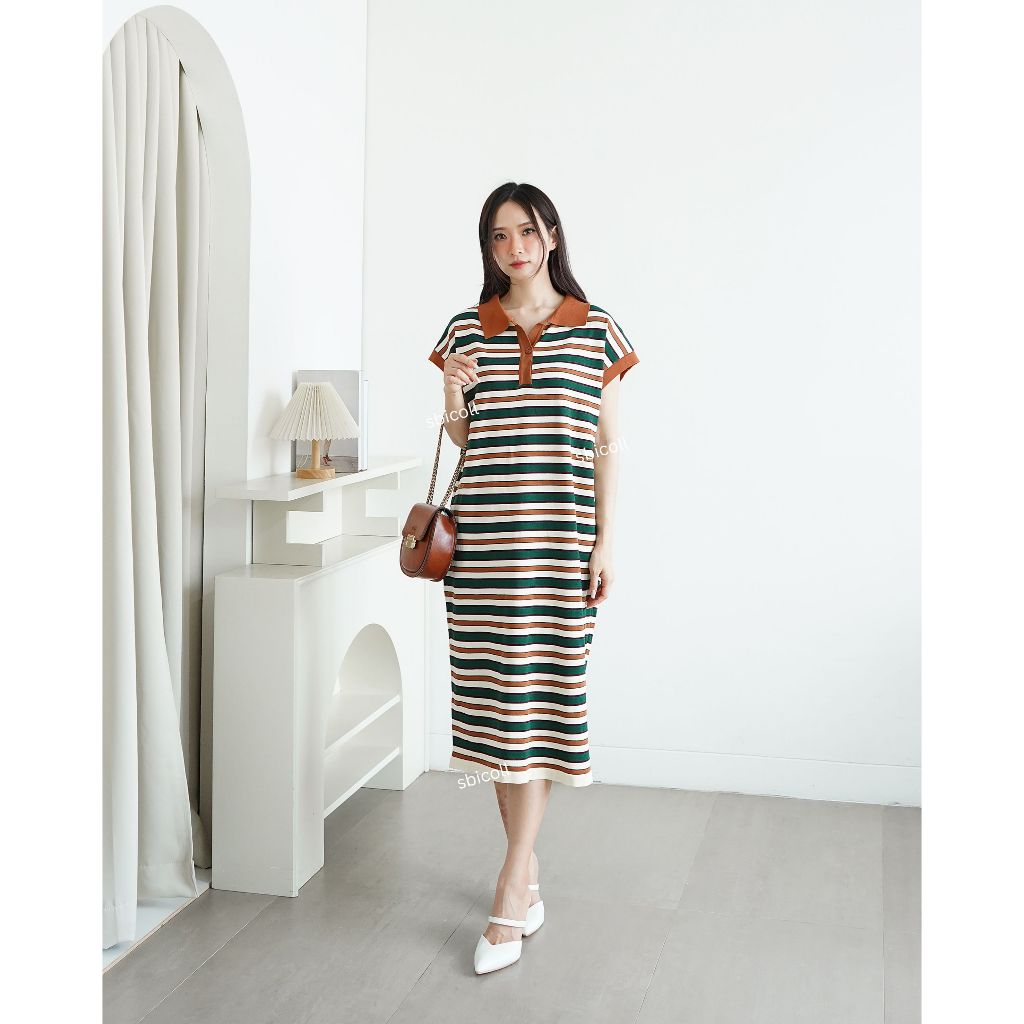 Jual Sandra Stripe Korean Knit Oversize Midi Dress | Dress Wanita Big ...