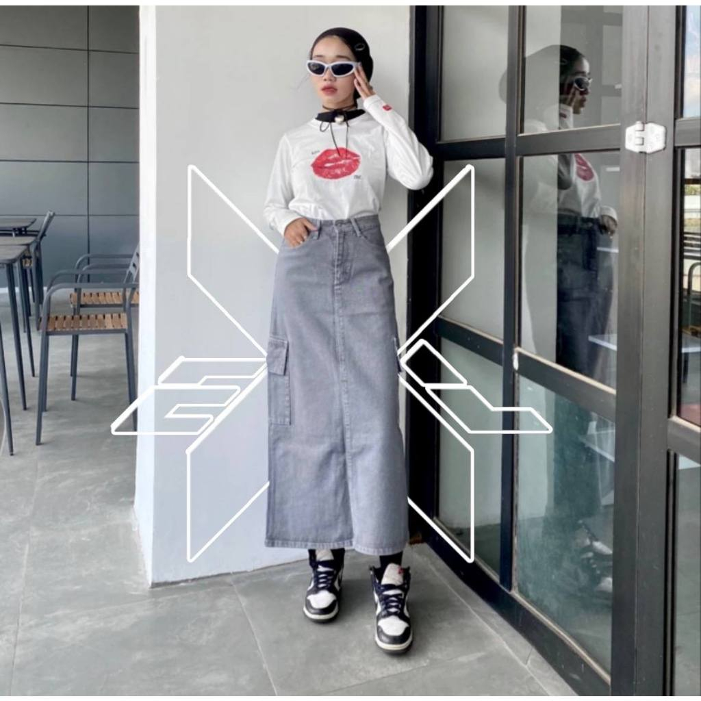 Jual Rok Cargo Jeans Wanita Highwaist - Basic Maxi Rok Cargo Jeans ...