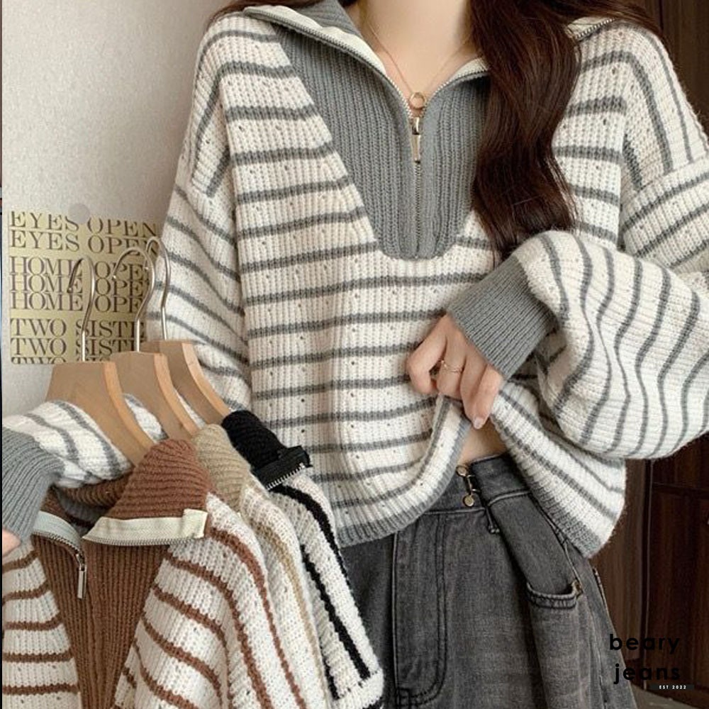Jual BEARY JEANS BJ184 | Zipper Stripe Sweater Casual Knitting Long Sleeve Atasan Wanita Crop ...