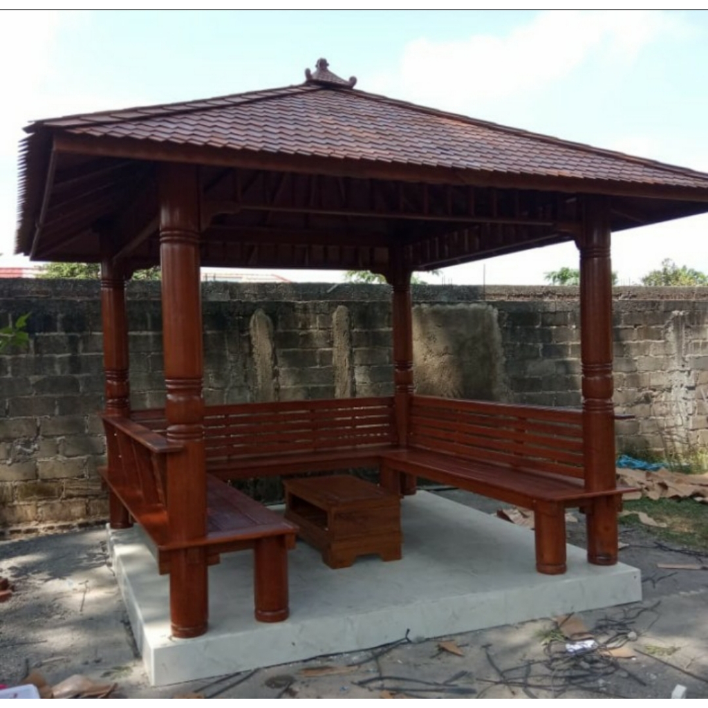 Jual Gazebo Model Bangku Plus Meja Kayu Kelapa Tiang Motif Ukuran ...