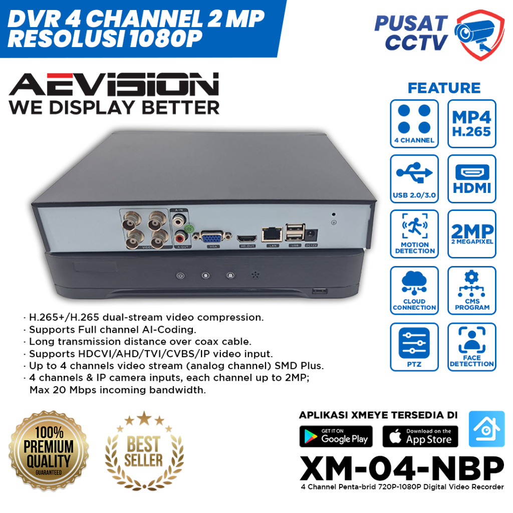 Jual DVR 4CH CCTV Aevision, 2MP Full HD Support Cam AHD TVI IP CVI ...