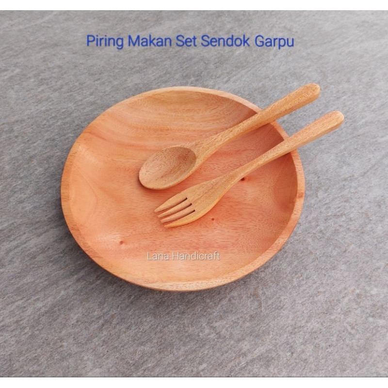 Jual piring kayu/piring makan kayu/piring liuk 20cm set sendok garpu ...