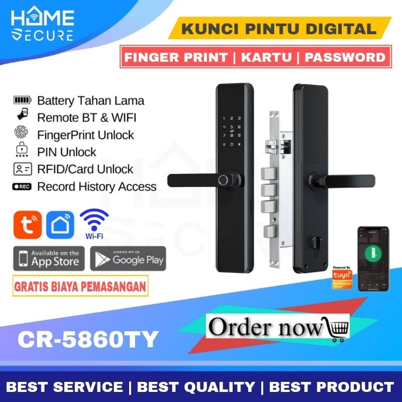 Jual HOMS Smart Door Lock Fingerprint / Kartu / App Tuya WiFi / Kunci ...