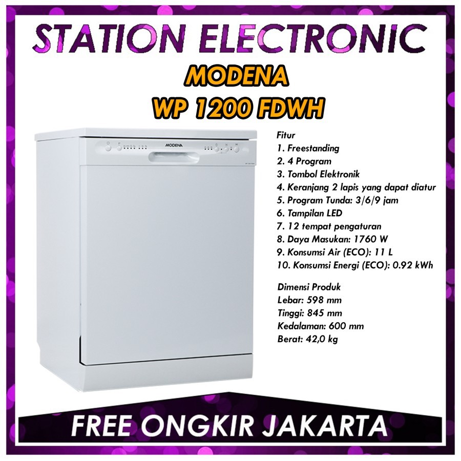 Jual MODENA Dishwasher - WP 1200 FDWH / WP1200FDWH / WP-1200-FDWH ...