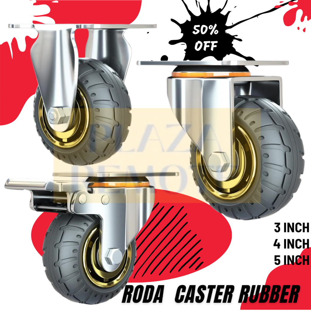 Jual RODA CASTER RUBBER + BEARING TROLY HEAVY DUTY REM HIDUP MATI ...