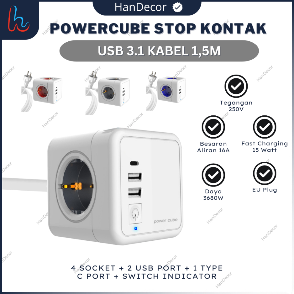Jual Powercube Stop Kontak Extended USB Fast Charging 4 Socket 3.1 | Stop kontak colokan listrik ...
