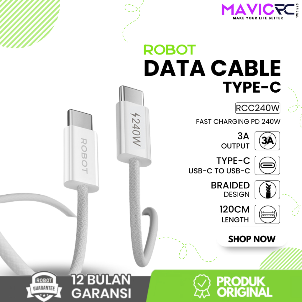 Jual ROBOT RCC240W Kabel Cable Data TYPE C TO USB C PD 240W 3A 120CM ...