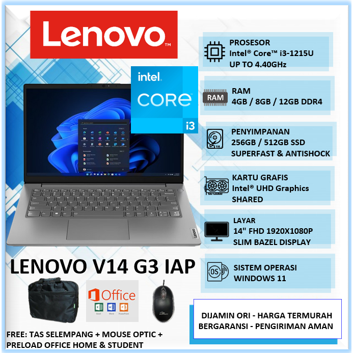 Jual Laptop Lenovo V14 G3 IAP Intel i3 1215U 12GB 512GB SSD 14" FHD Windows 11 Home + OHS ...