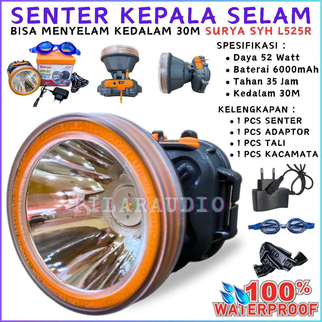 Jual Senter Kepala Selam Super Terang 52 Watt SURYA SYH L525R - Led Putih Free Kacamata Nyelam ...