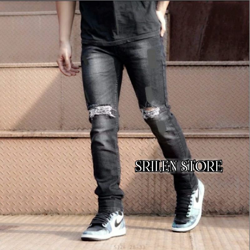 Jual Celana Jeans Sobek Lutut Pria Robek Ripped Black Jazz Pekat ...