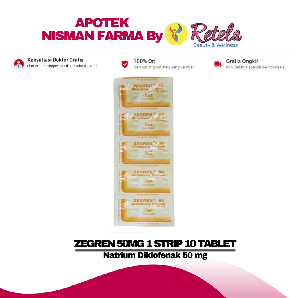 Jual ZEGREN 50MG 1 STRIP ISI 10 TABLET ( NATRIUM DIKLOFENAK 50 MG ...