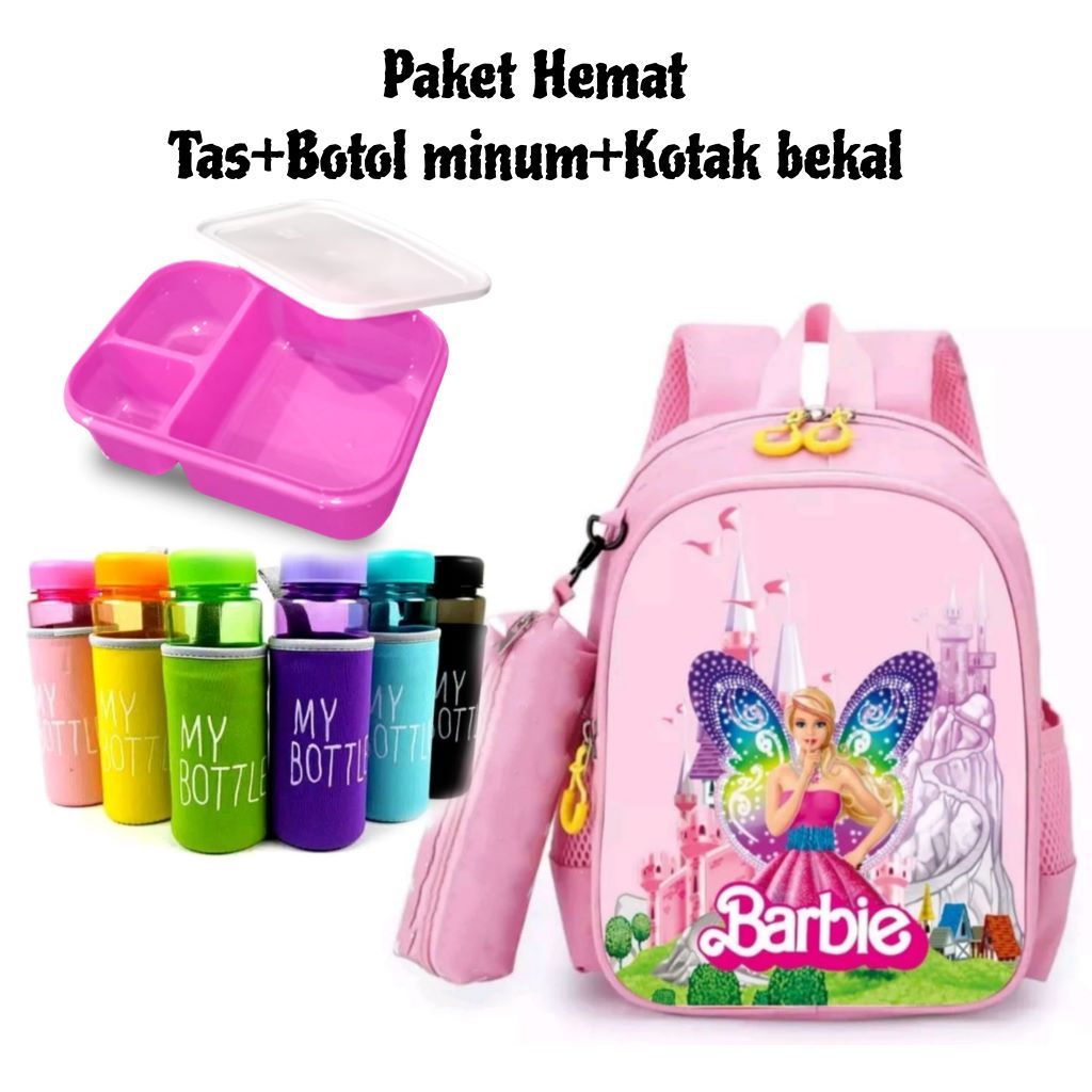 Jual Paket tas anak perempuan barbie +botol minum+kotak bekal | Shopee ...