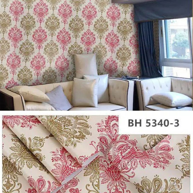 Jual Wallpaper Dinding Sticker Dinding Batik Pink Gold Salur Ruang Tamu ...