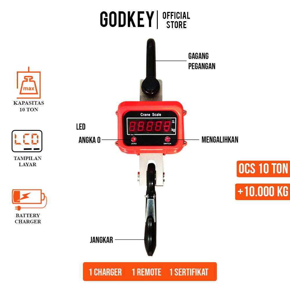Jual OCS 10 TON Timbangan Gantung Digital 10Ton LED Remote Kontrol Besi Electronic Hanging Scale ...