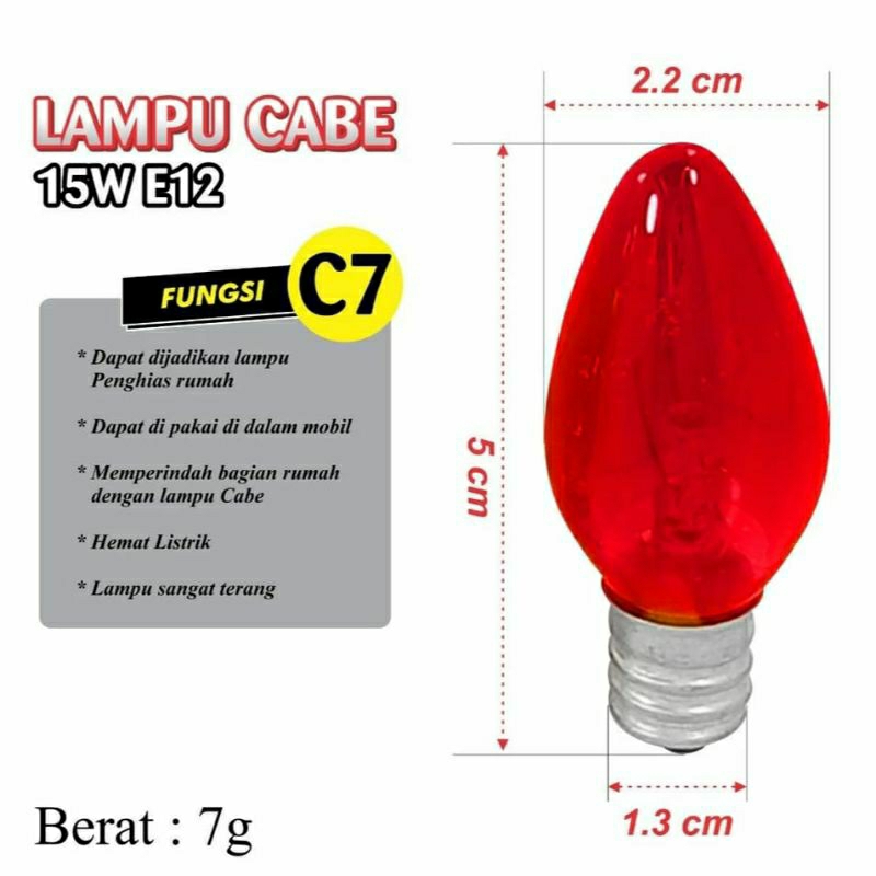 Jual LAMPU CABE WARNA E 12 FITTING MERAH 10 WATT LAMPU C7 LAMPU HIAS ...