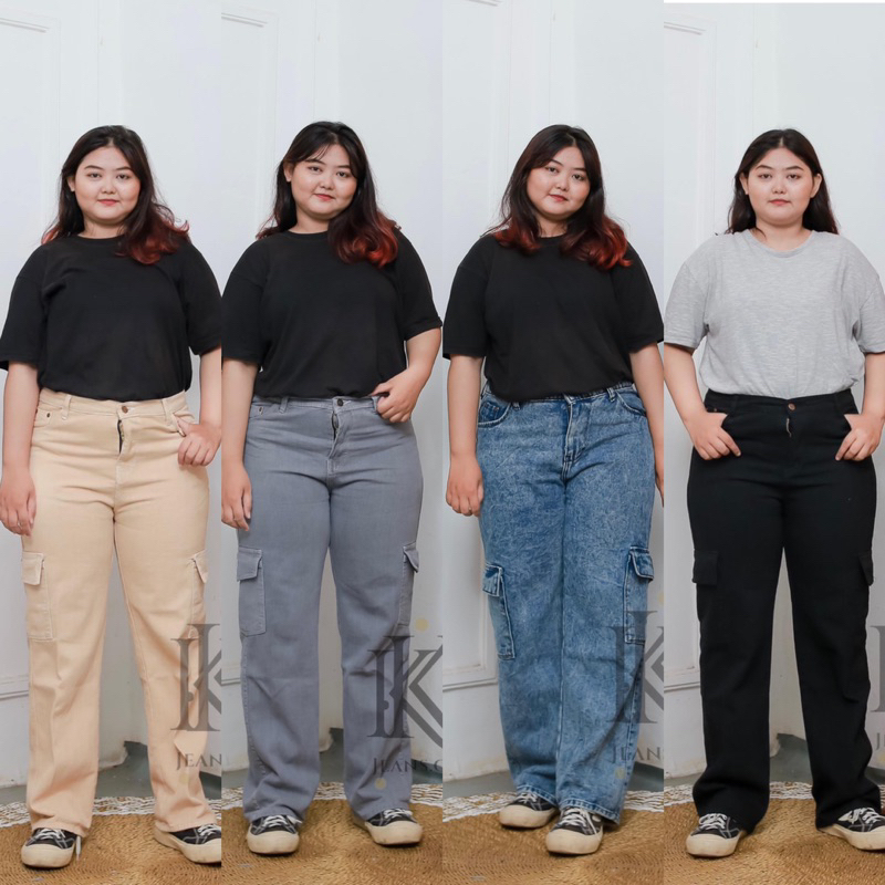 Jual Cargo Jeans Jumbo Tebal 13Os Highwaist Wanita Korean Style Big ...