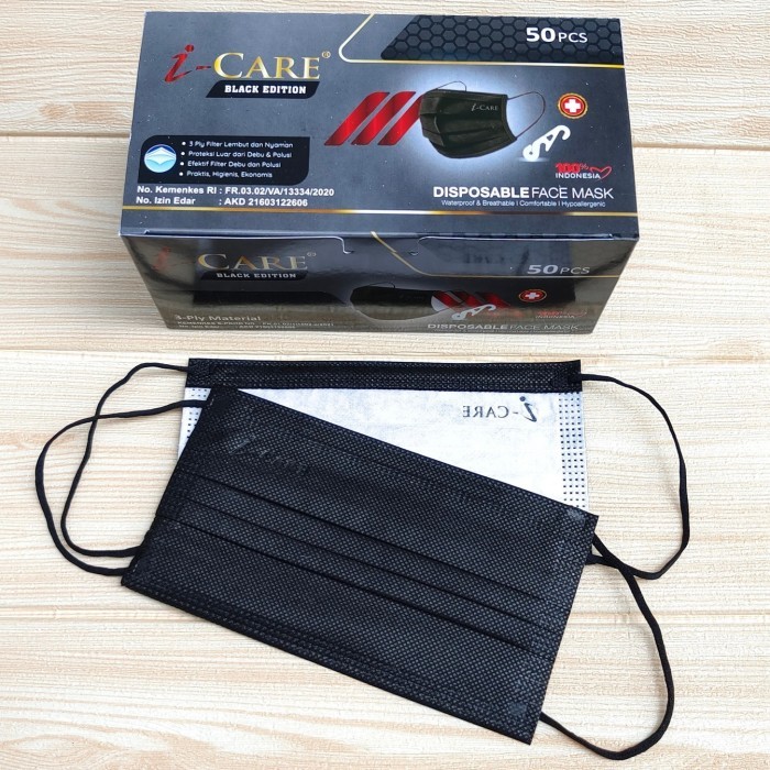 Jual Masker Hitam 3ply Earloop isi 50 Pcs iCare Black-White Edition ...