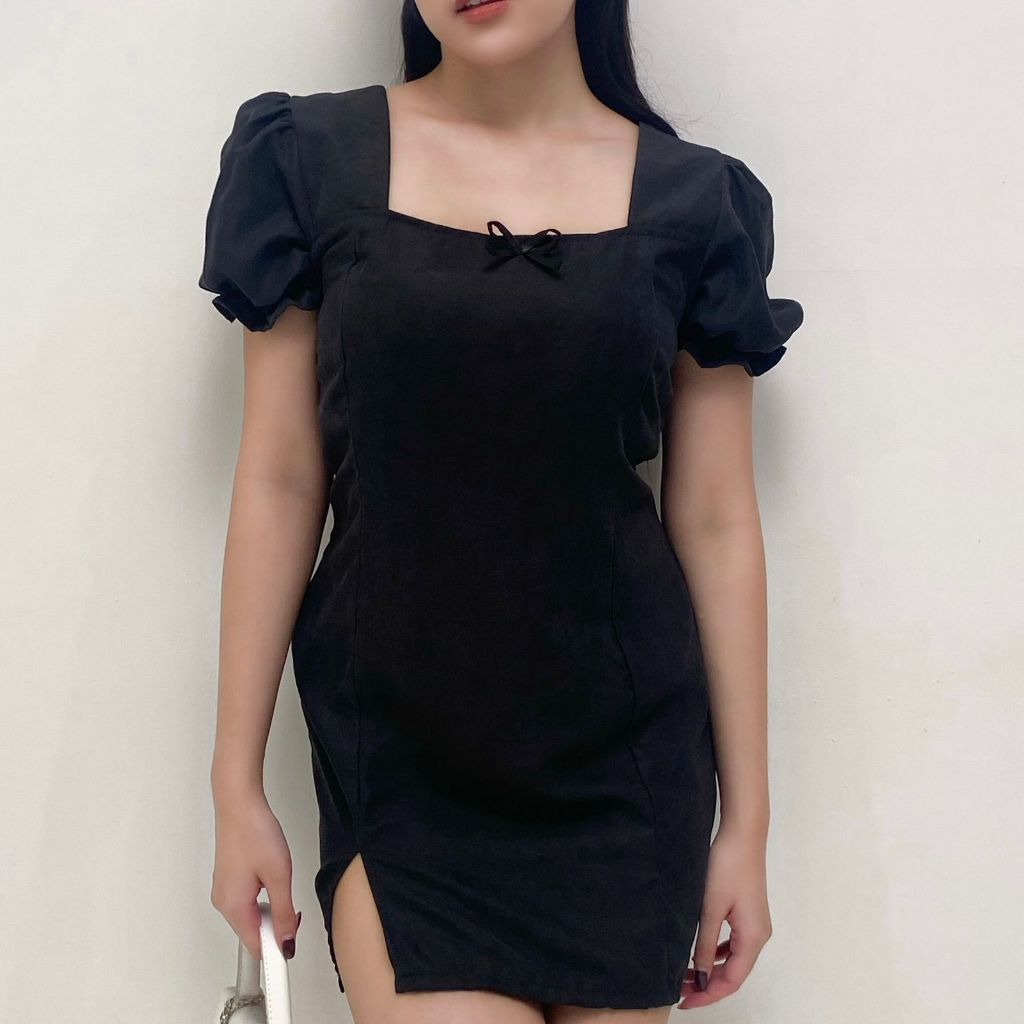 Jual Square Neck Puff Sleeve Side Split Mini Dress 1560 (S/M/L/XL ...