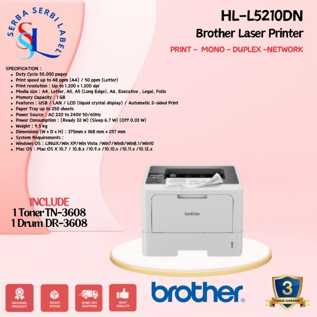 Jual PRINTER BROTHER LASER HL-L5210DN Laser Mono [Duplex + Network] L ...