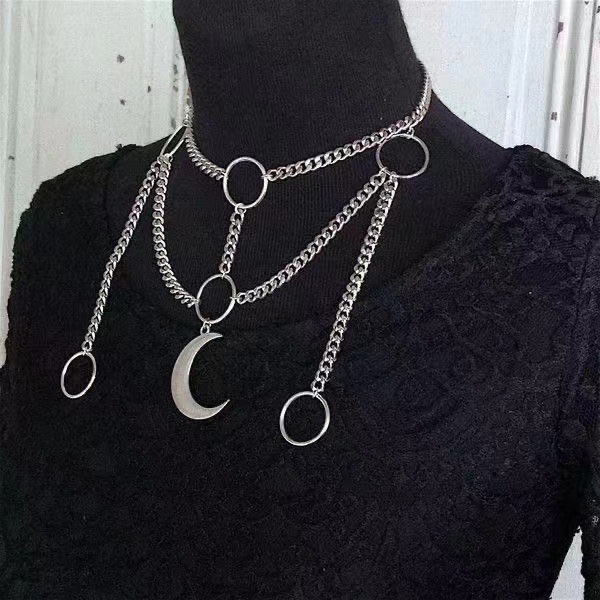Jual CH-20 kalung choker wanita rantai silver moon ring gothic punk ...
