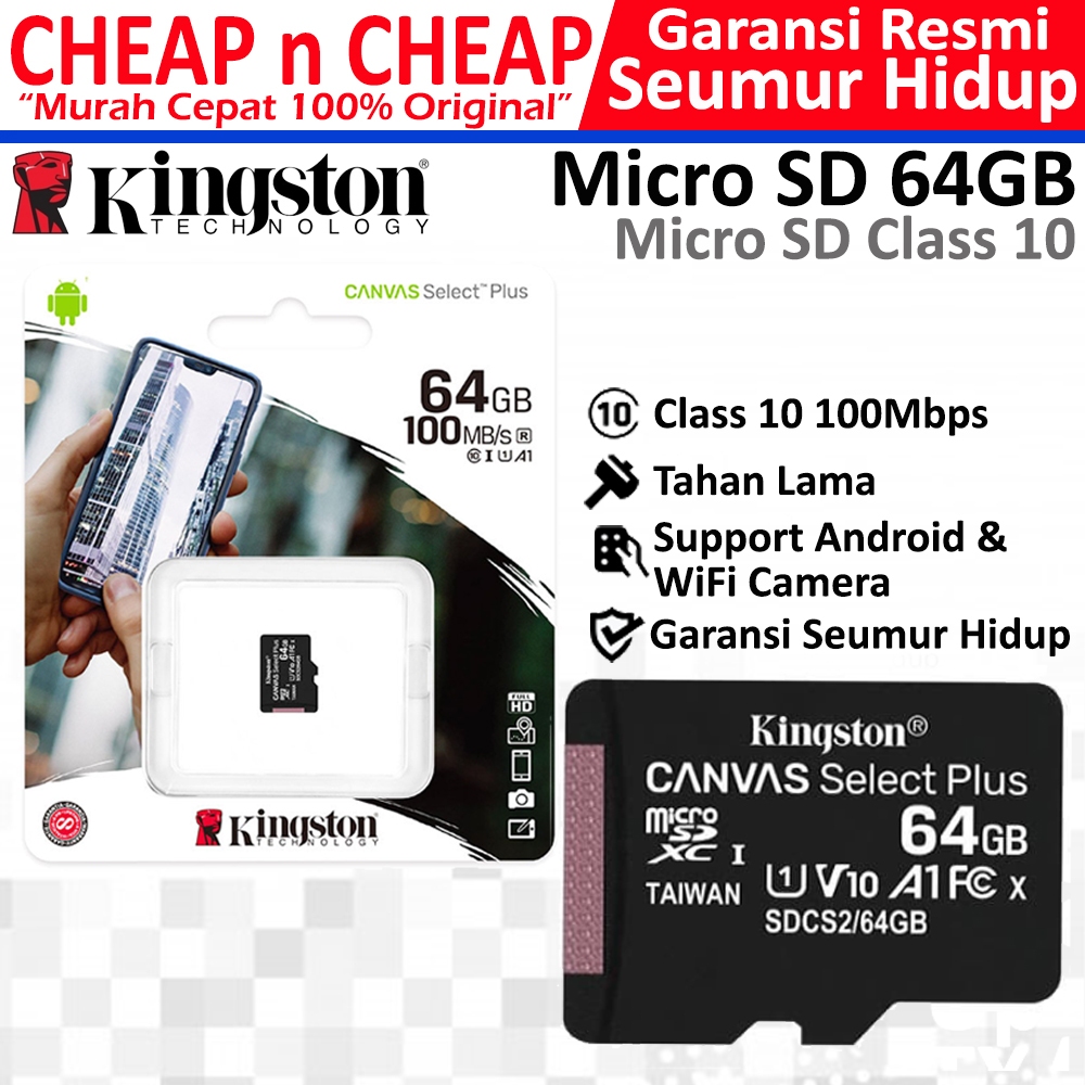 Jual Micro SD Kingston 64GB 100MBps Class 10 - MicroSD Memory HP Camera ...
