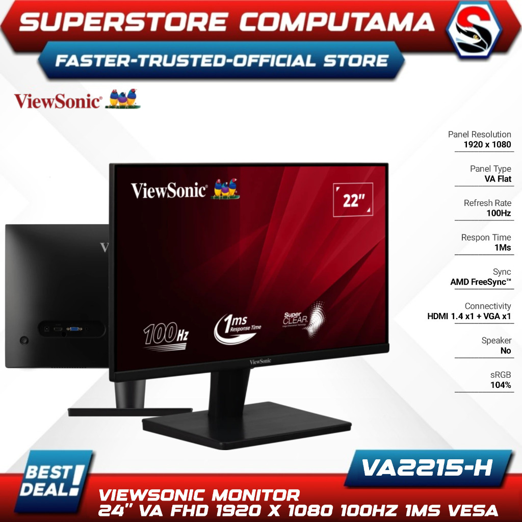 Jual Monitor LED VIEWSONIC VA2215H 22" 1080p FHD 100Hz VGA HDMI ...