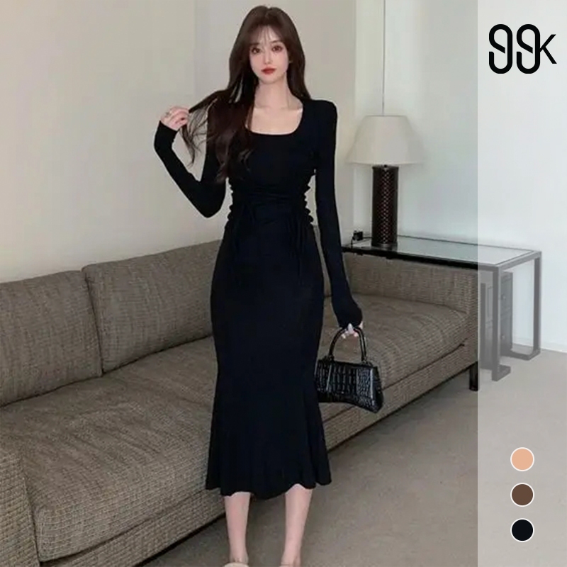 Jual Women's Plain Long Sleeve Drawstring Maxi Dress 1788 (S/M/L/XL ...