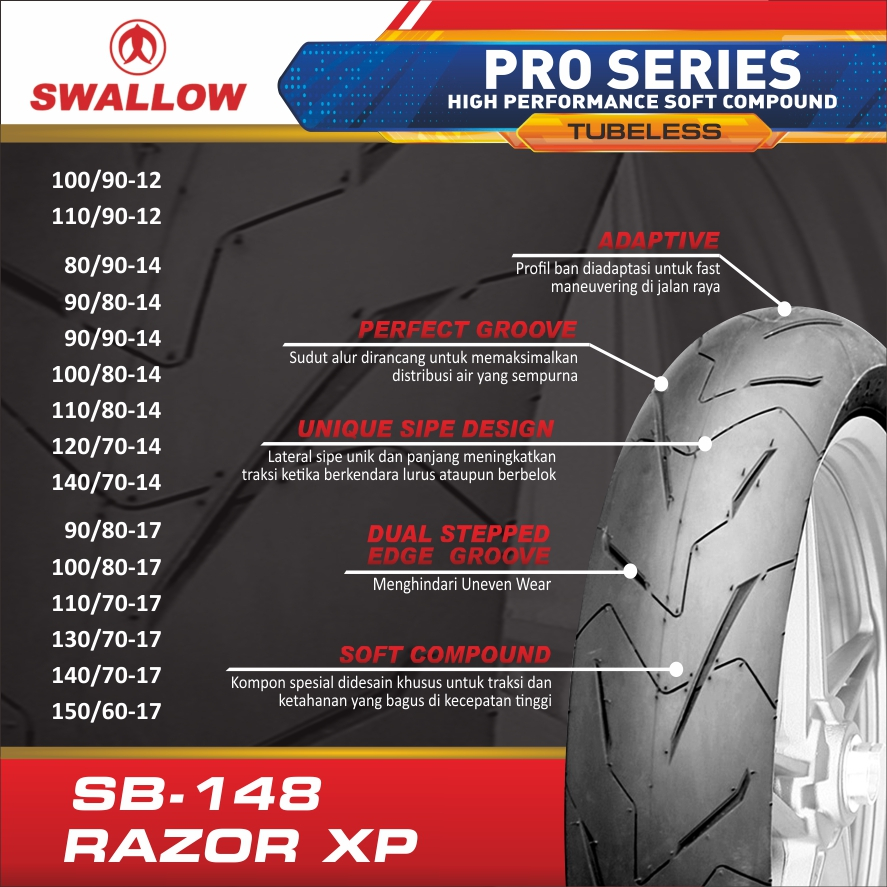 Jual Ban Motor Swallow Tubeless 80/90-14 Razor XP SB-148 (Pro Series ...