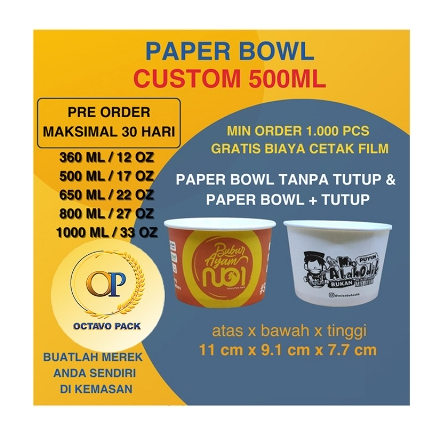 Jual Paper Bowl Custom Printing Warna 500ml (17 oz) / Paper Bowl Sablon ...
