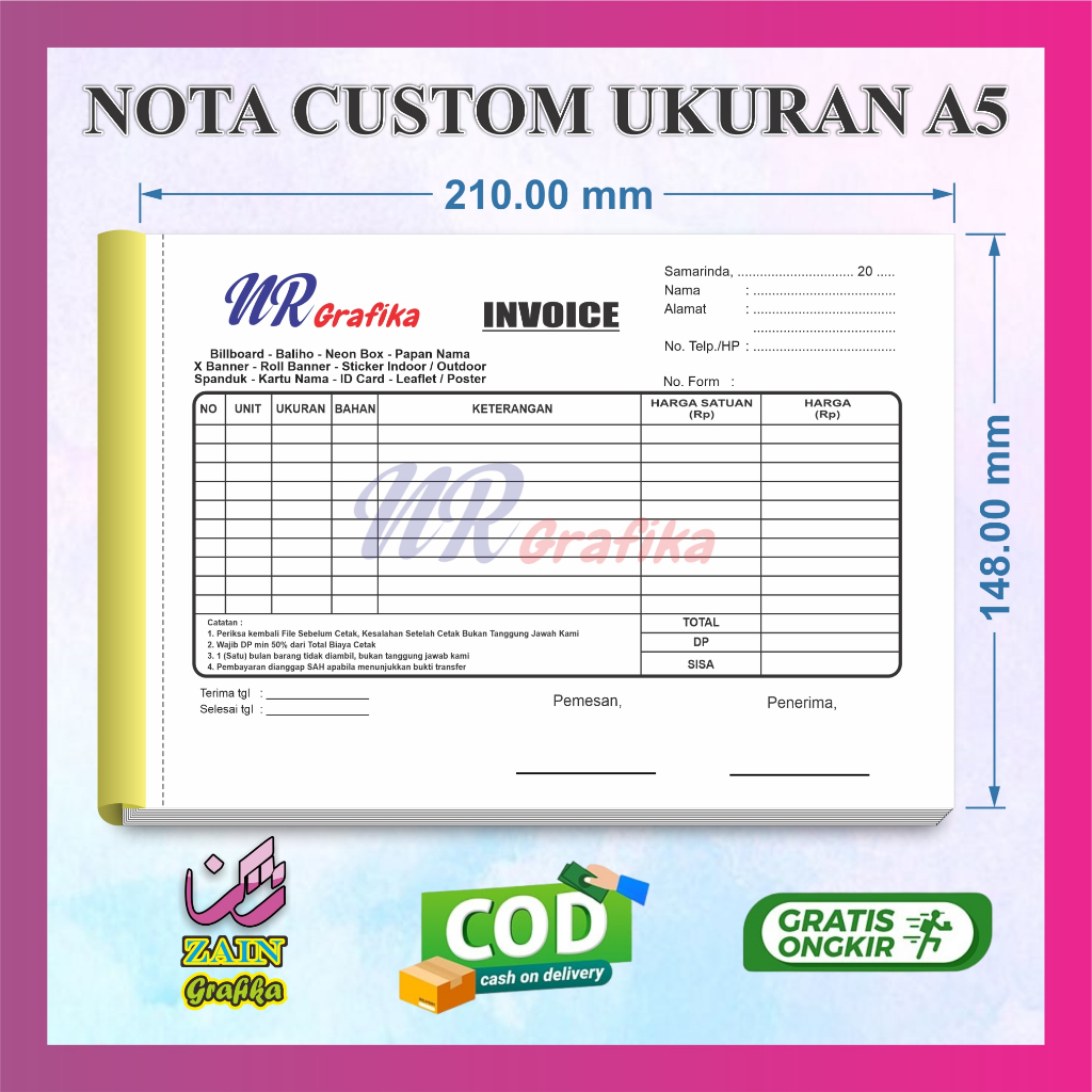 Jual cetak nota ukuran A5 (210 mm x 148 mm) 50 Set/Lembar zain grafika ...