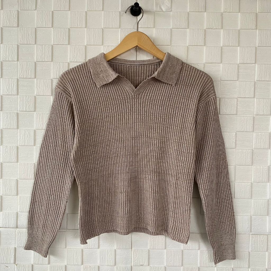 Jual Atasan Rajut Kerah Lengan Panjang Wanita / Kaos Polos V-Neck Kerah Terbaru Korean Style ...