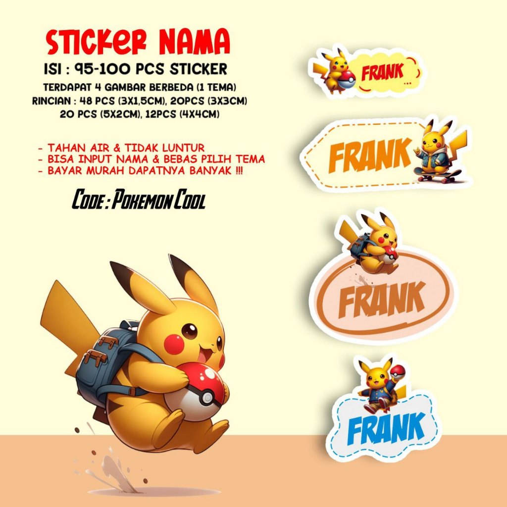 Jual Sticker / Stiker Label Nama Karakter Tema POKEMON COOL / PIKACHU ...