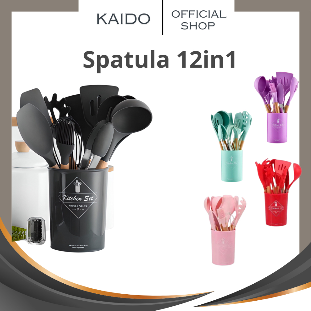 Jual Spatula Set 12in1 Peralatan Masak Spatula Silikon Gagang Kayu Alat ...