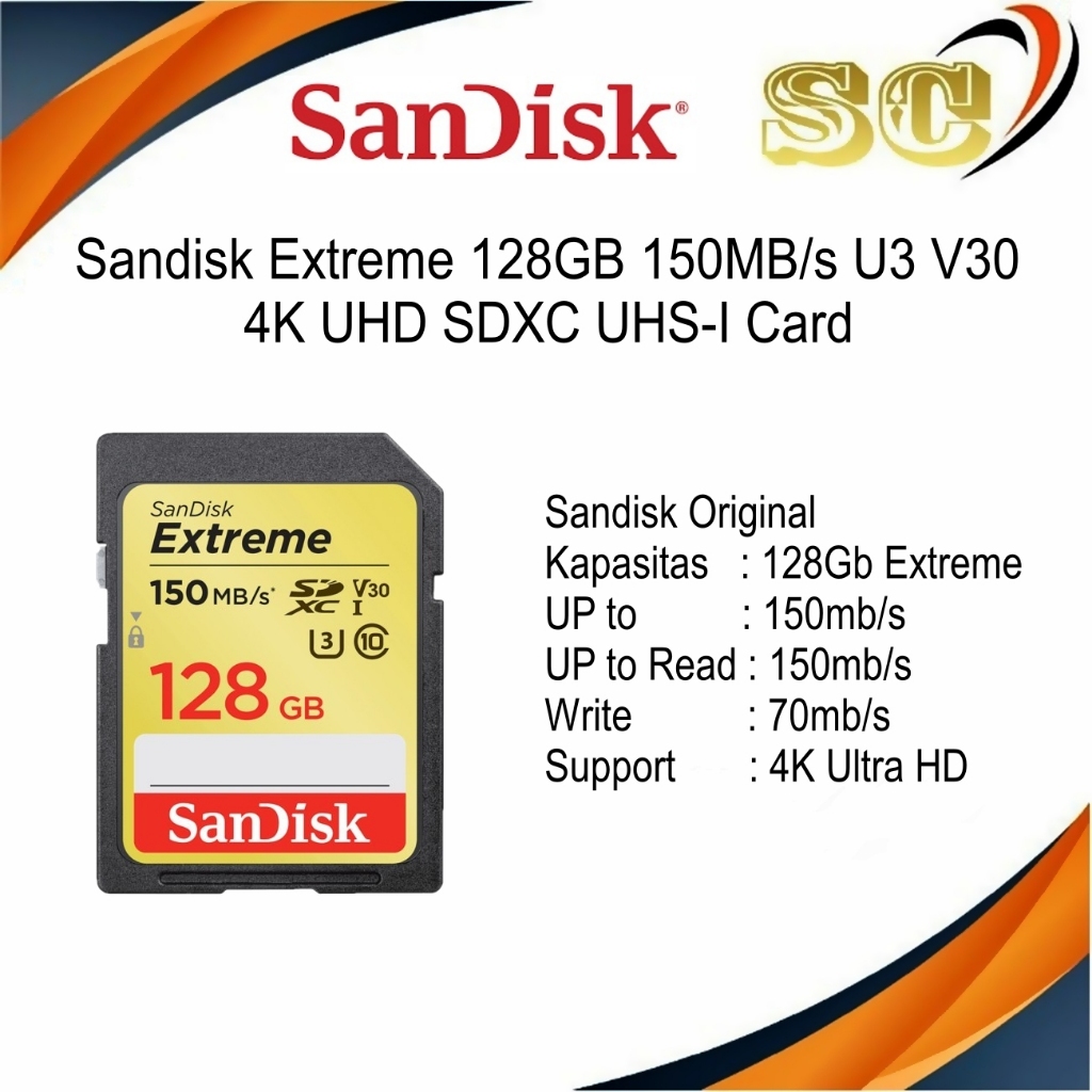 Jual SanDisk Extreme SDXC Card UHS-I U3 V30 Class 10 4K (150MB/s) 128GB ...