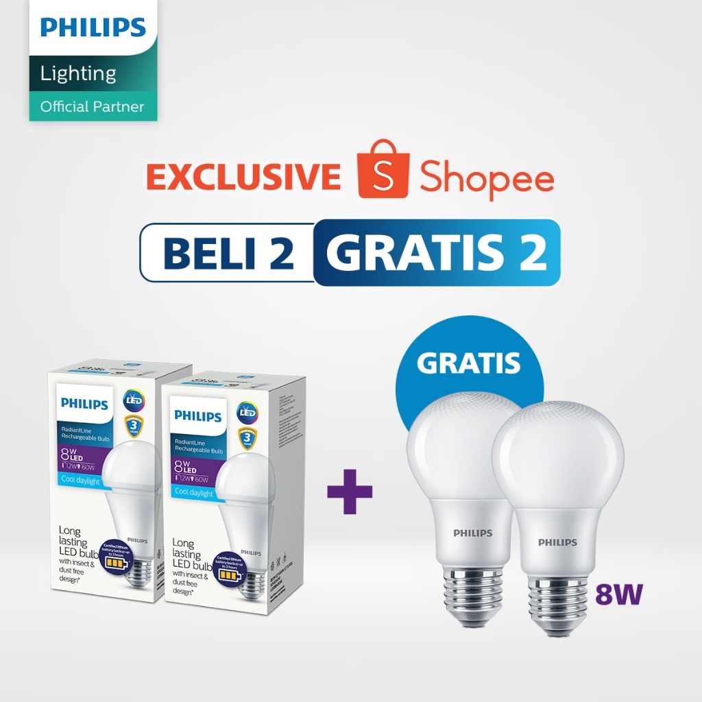 Jual Philips Paket 2 Radiantline Rechargeable Emergency 8W 6500k Putih Free 2 Lampu LED Bulb 8W ...