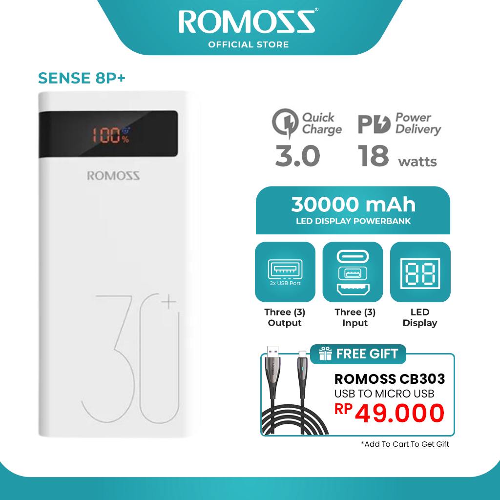 Jual Romoss Sense 8P Plus Powerbank 30000mAh 18W Fast Charge Support Lightning/ Micro USB/Type-C ...