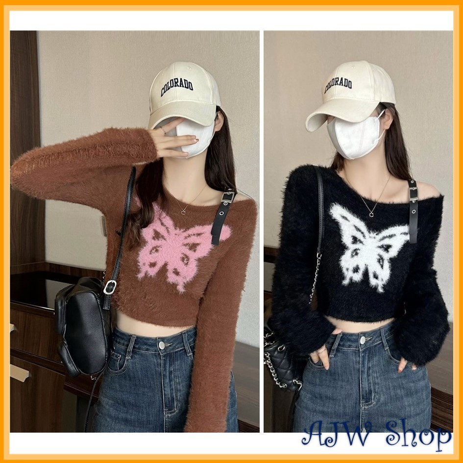 Jual AJW Sweater Crop Lengan Panjang Bulu Halus Knit Premium XDS | Sweater Rajut Casual Crop ...