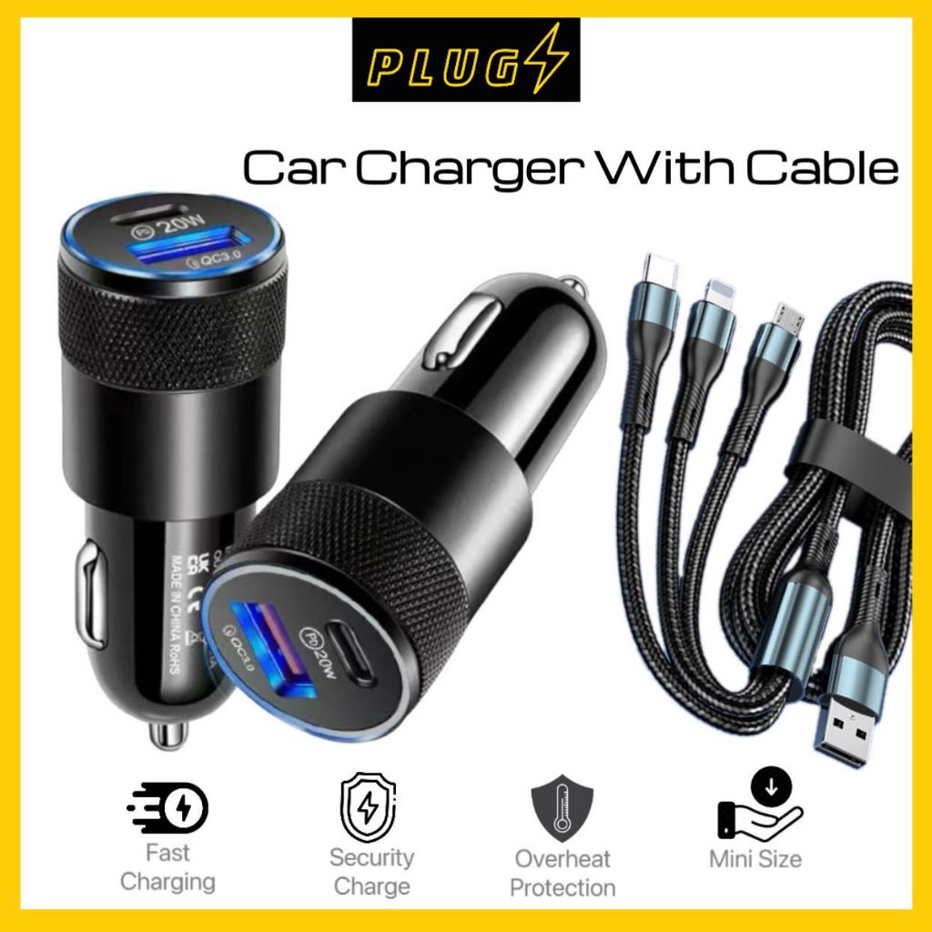 Jual [COD] PLUGS CAR Charger Fullset CAR Charger With 3in1USB Type C ...