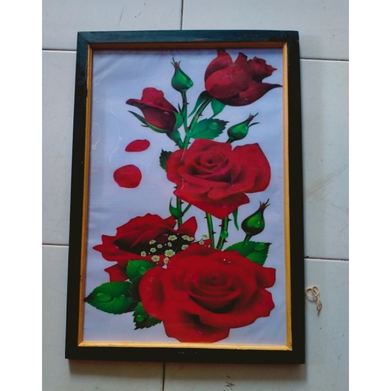 Jual hiasan dinding lukisan cetak bunga mawar merah 02 plus figura ...